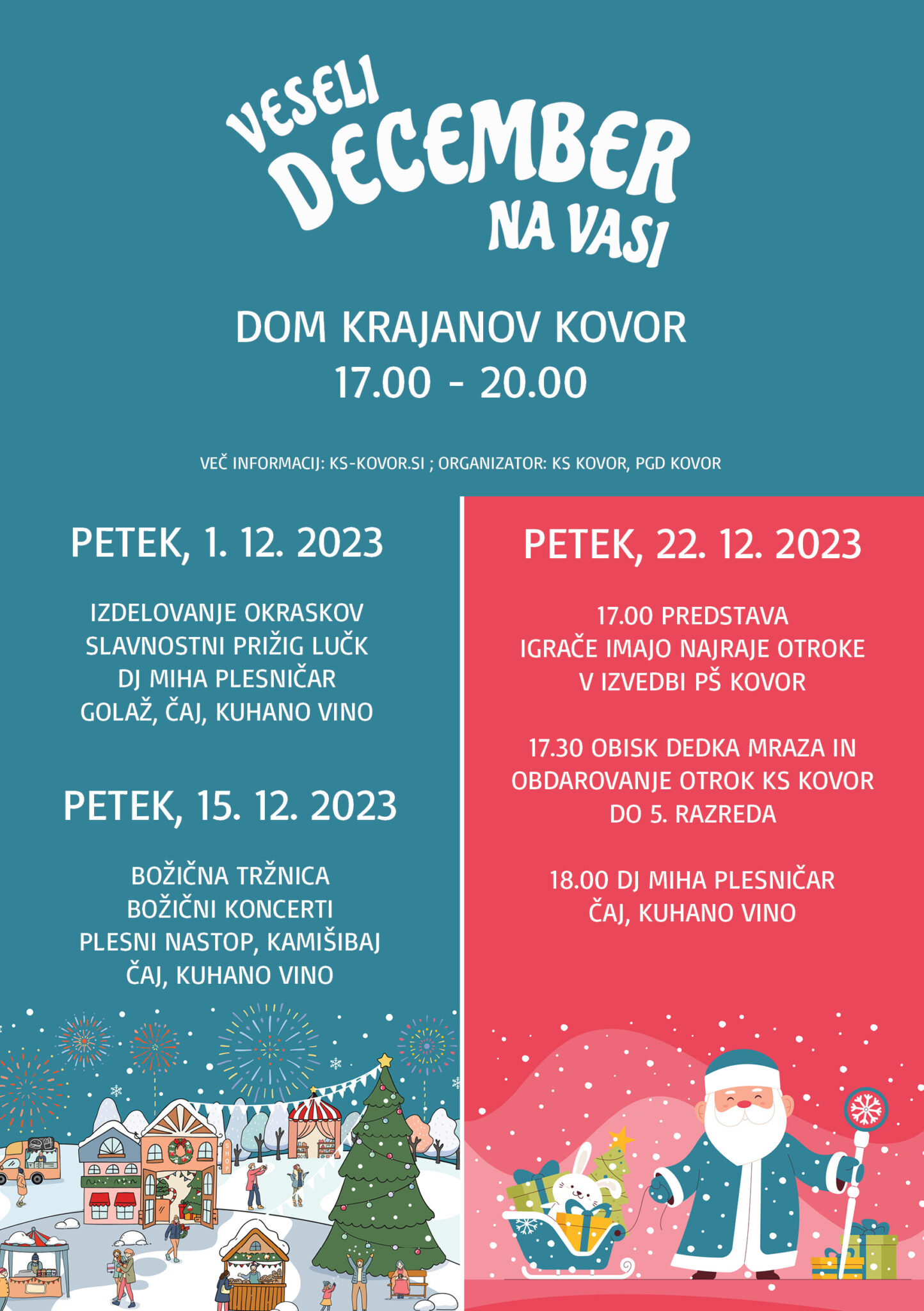 VESELI DECEMBER NA VASI – program 1., 15. in 22. 12. 2023 – KS Kovor